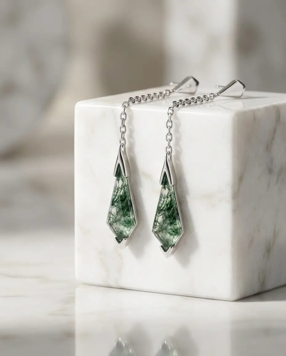 925 sterling silver jewelry - Moss agate drops | IfShe